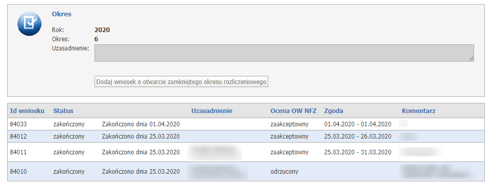 Obsługa okien > Apteki > Okresy rozliczeniowe > Otwarcie zamkniętego okresu rozliczeniowego ...